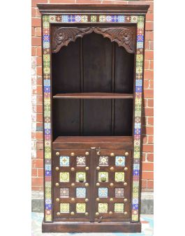 Moroccan Tile Carved Timber Display Cabinet Bookshelf
