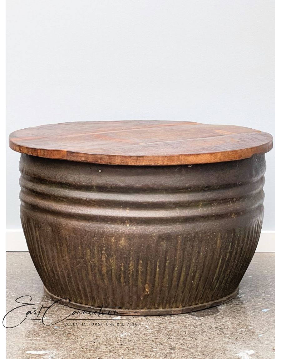 Rustic Recycled Timber Top Vintage Industrial Round Metal Coffee Table