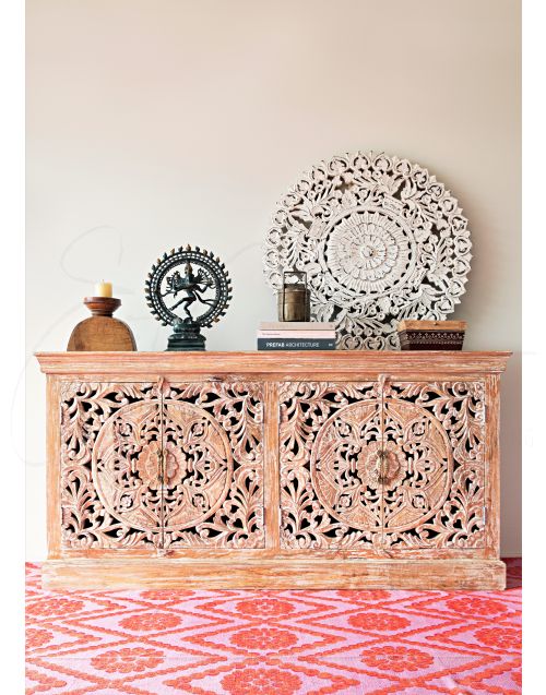 French Provincial Grey Floral Mandala Carved Sideboard