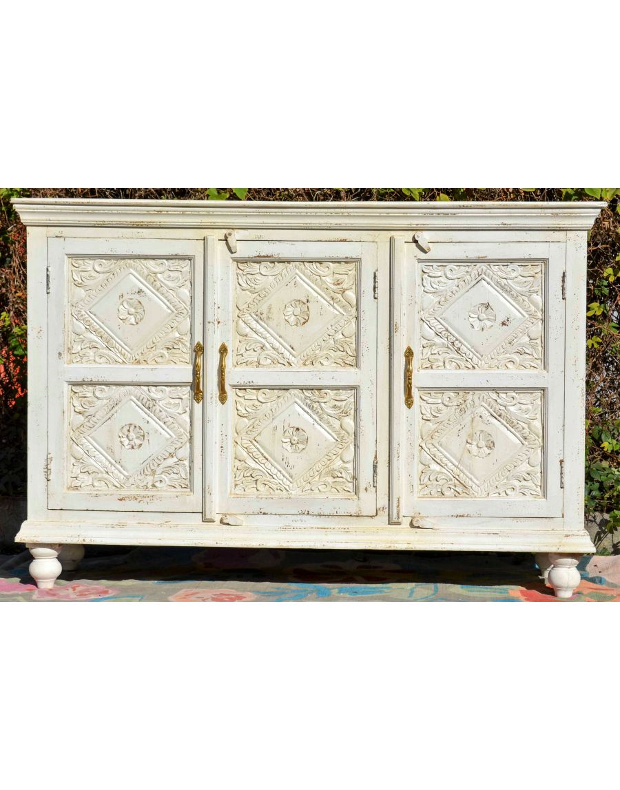 White Shabby Chic Carved Reclaimed Timber Sideboard
