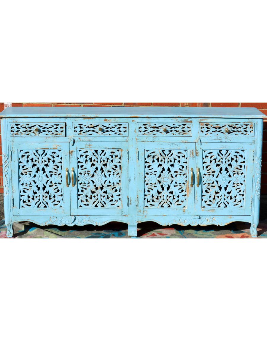 Blue Hand Carved French Provincial Buffet Sideboard