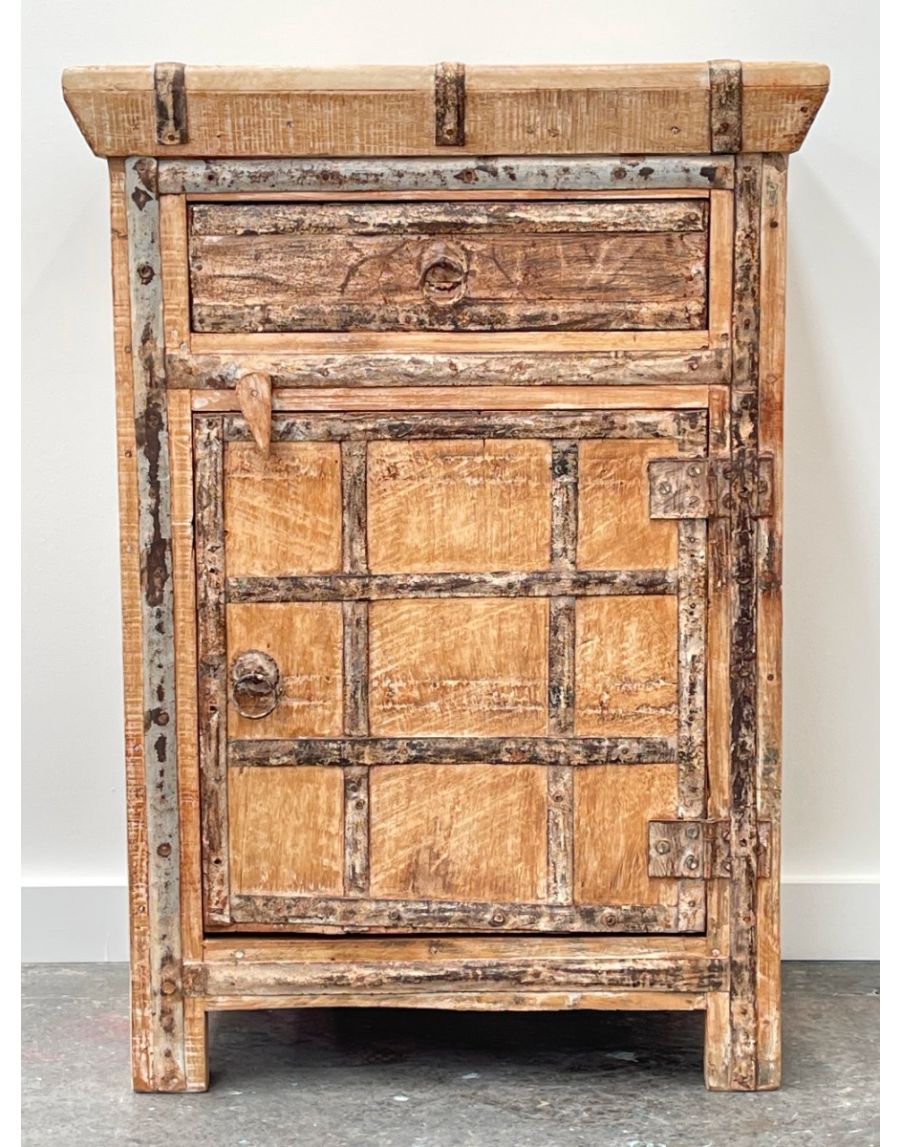 Whitewashed Indian Antique Timber & Metal Bedside Side Table