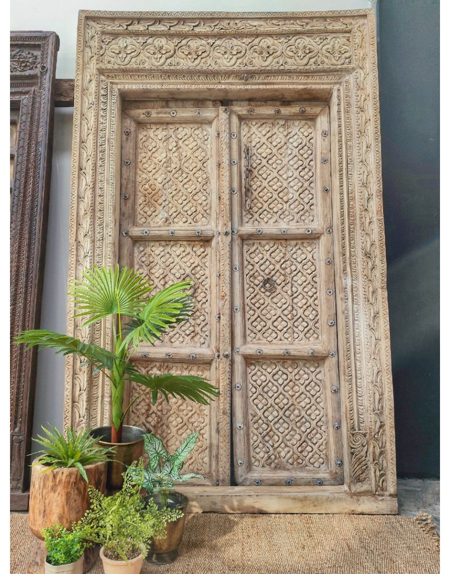 Whitewashed Hand Carved Floral Pattern Indian Antique Timber Door