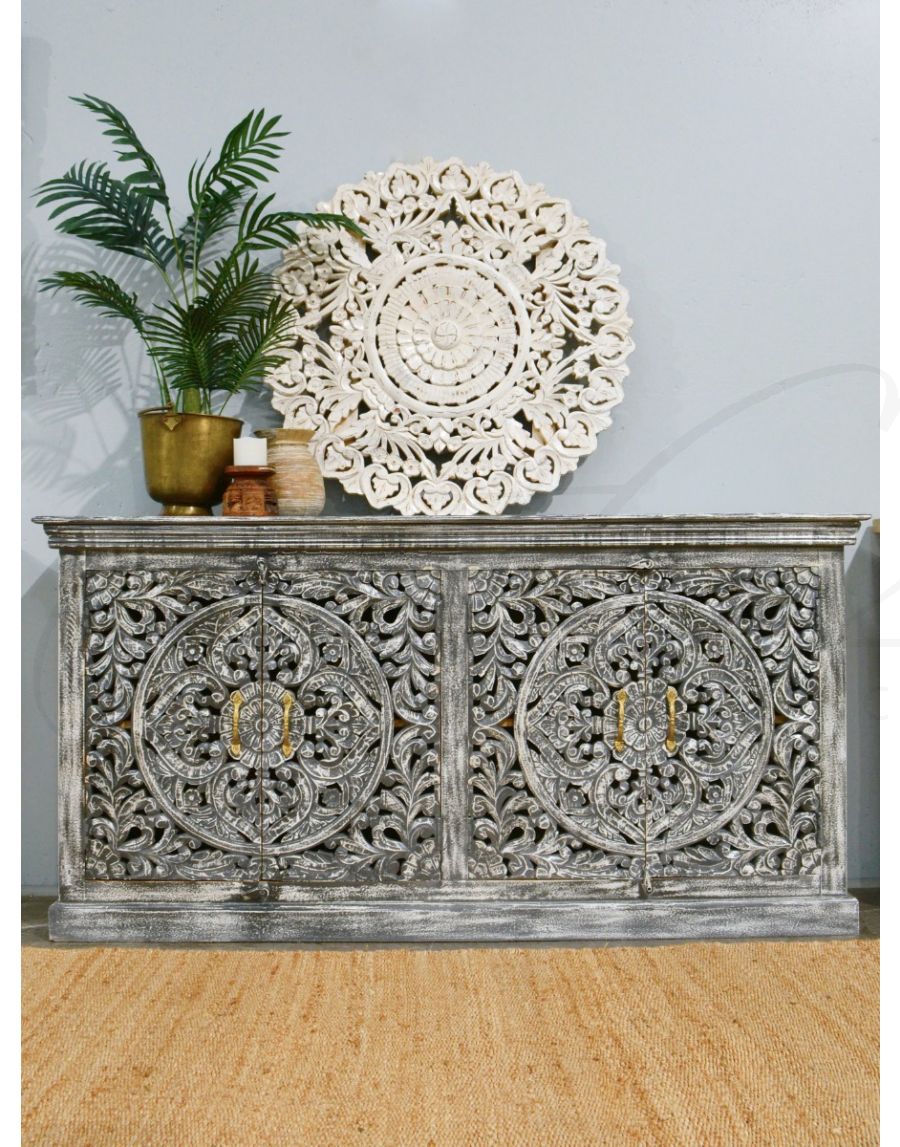 French Provincial Grey Floral Mandala Carved Sideboard
