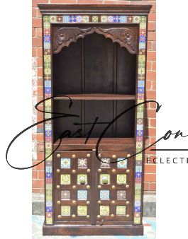 Moroccan Tile Carved Timber Display Cabinet Bookshelf