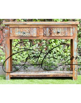 Hand Carved Recycled Timber 2 drawer console hall table
