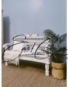 Vintage White Rustic Handcarved Timber Indian Bench
